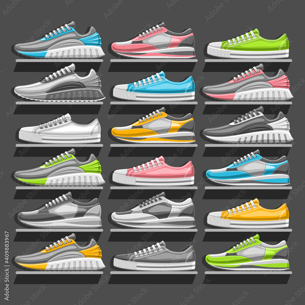 Vetor de Vector Sneakers Set, 18 cut out illustrations of various multi ...