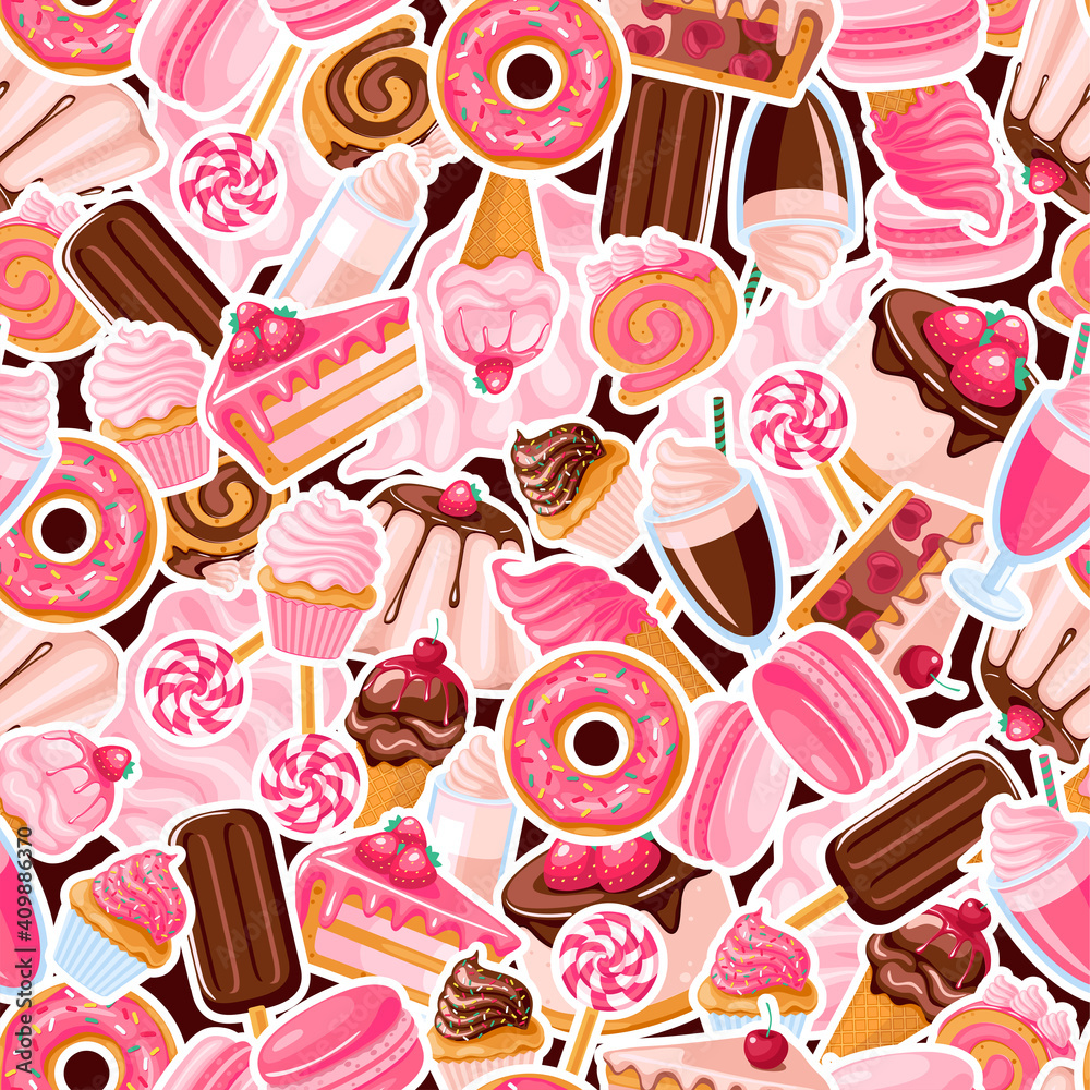 seamless pattern of pink and chocolate sweet food stickers. Cartoon ...