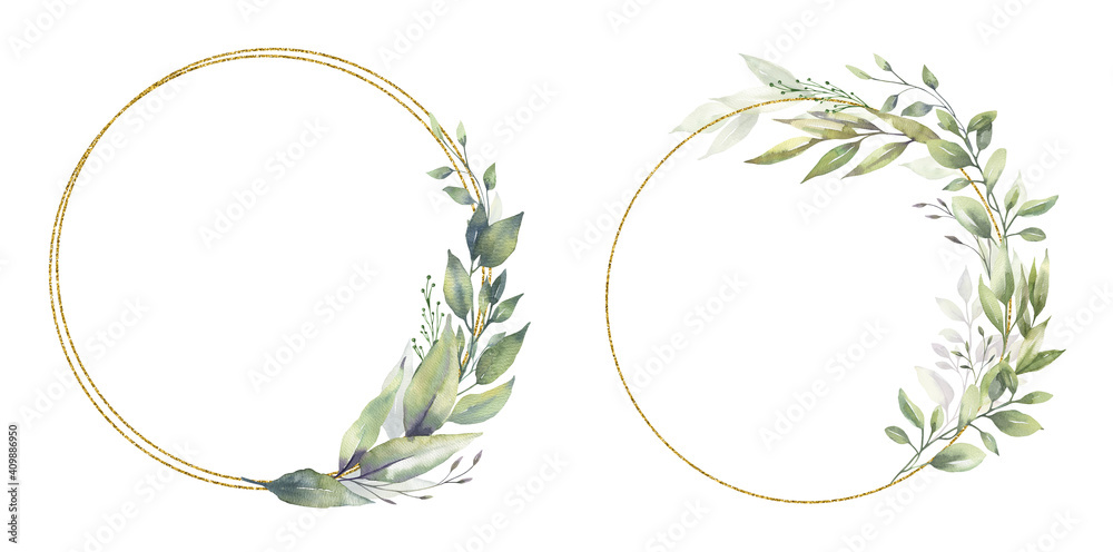 Watercolor floral illustration set - green leaf Frame collection, for ...
