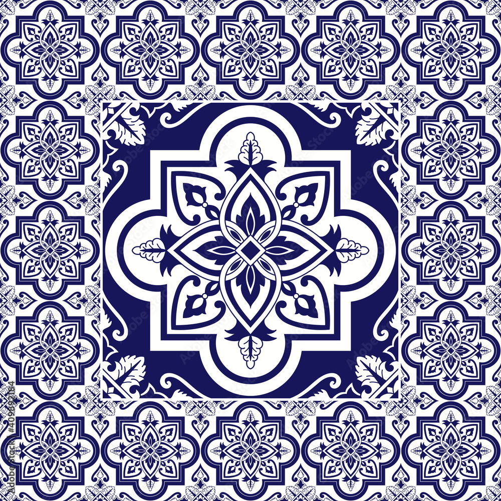 Delft blue tile pattern frame vector with ceramic element print ...