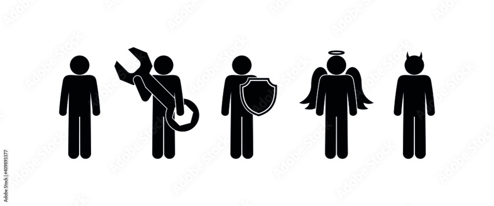 repair symbols set, stick figure man icons, isolated pictograms of ...