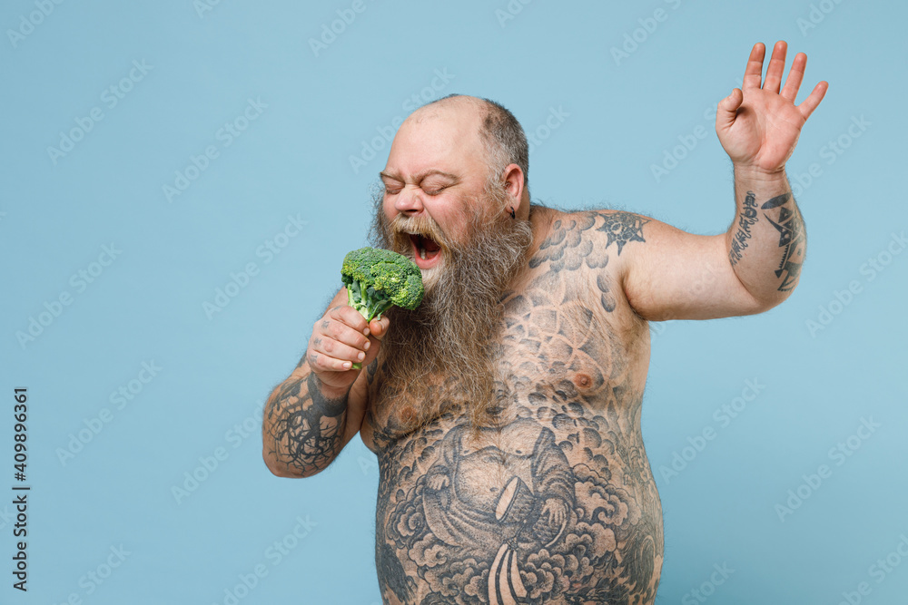 Crazy fat pudge obese chubby overweight man has tattooed big belly hold ...