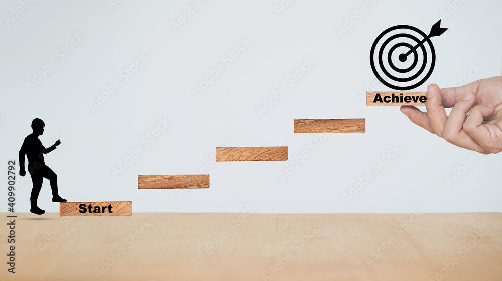 Silhouette man walking on wooden stairs step from start to achieve with ...