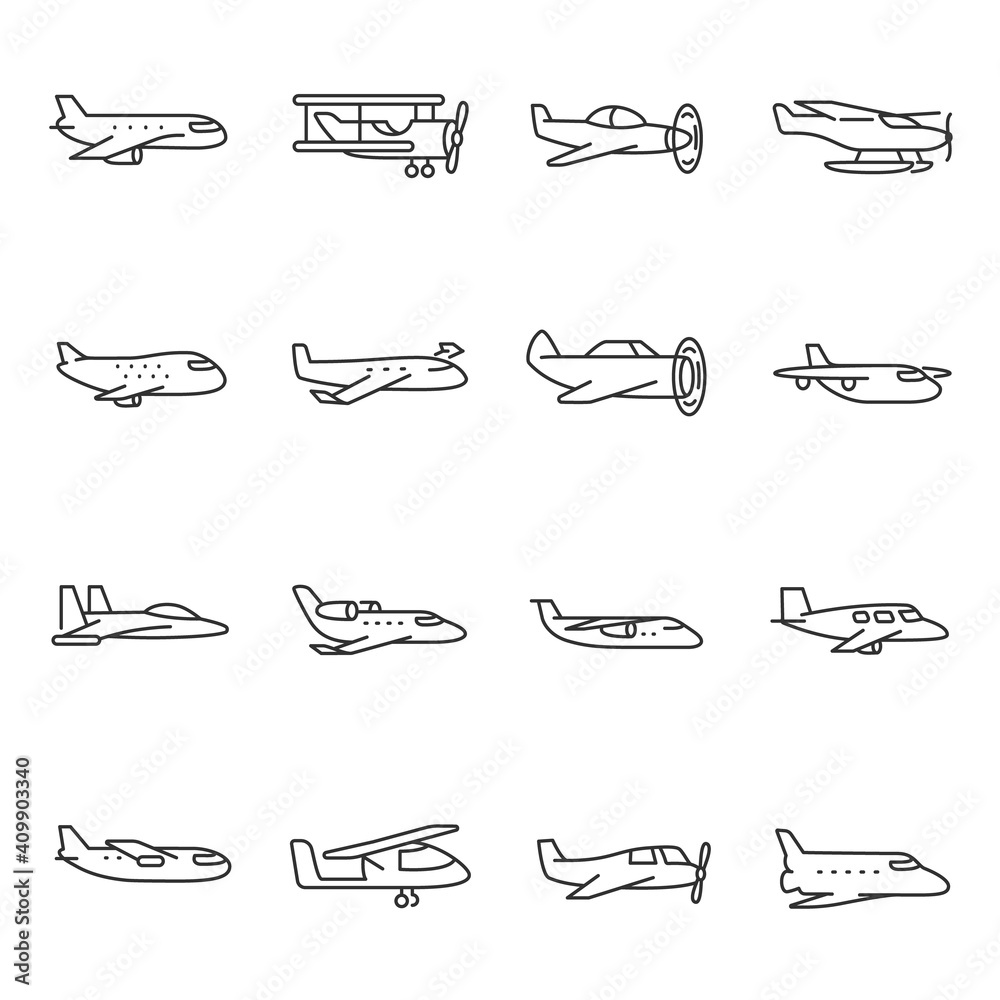 Airplane icon set. Aircraft different types, flight, passenger plane ...