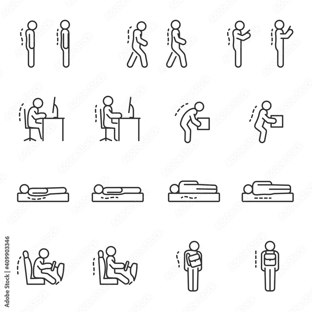 Good posture icon set. Ergonomic. Correct human poses. Line with ...