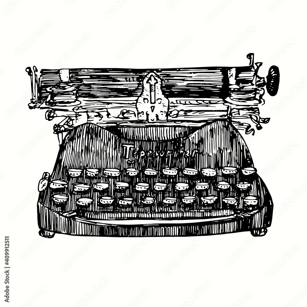 Typewriter, front view. Ink black and white drawing. Vector ...