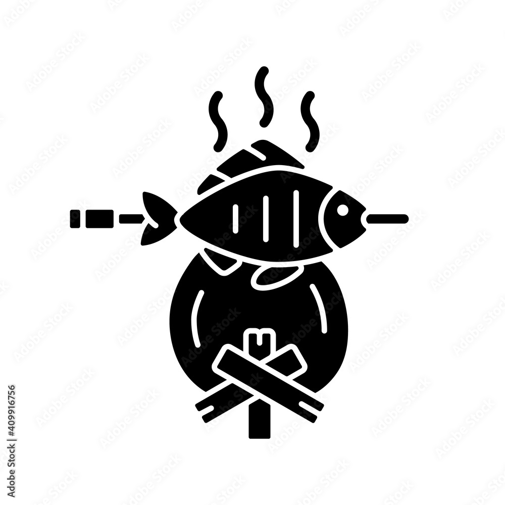 Cooking freshly caught fish black glyph icon. Fres sea food idea. Hobby ...