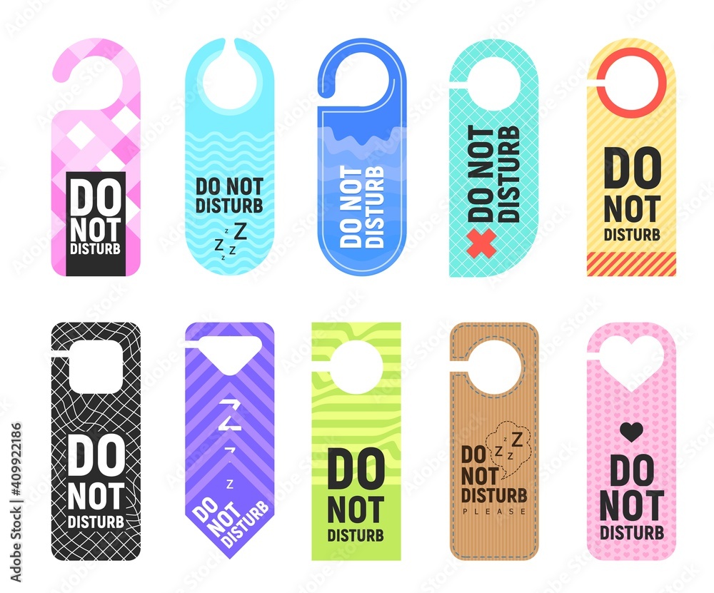 Do not disturb vector signs of door hanger, hotel room hanging card ...