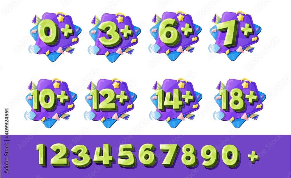 Age restriction numbers, vector signs from zero to nine. Cartoon digits ...