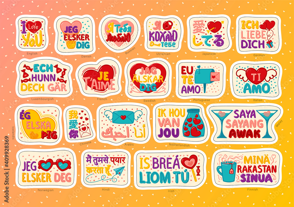 Mega collection stickers with I Love You Inscriptions in different ...