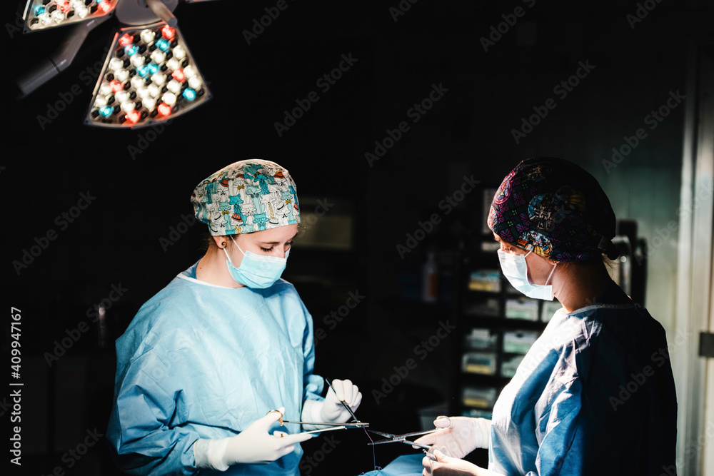 Side view of focused professional surgeons with surgical tools and ...