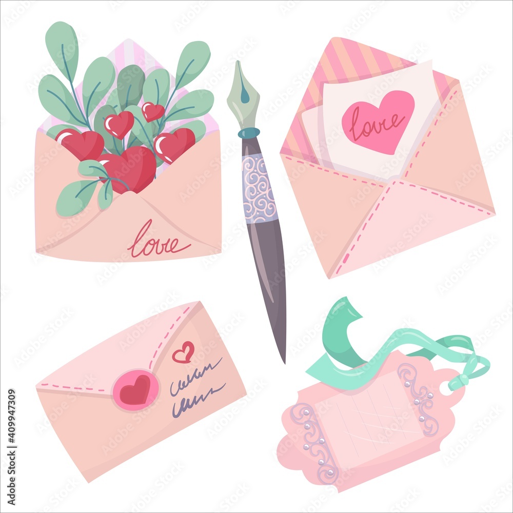 set of items for Valentine's Day. Love letters and letters of ...