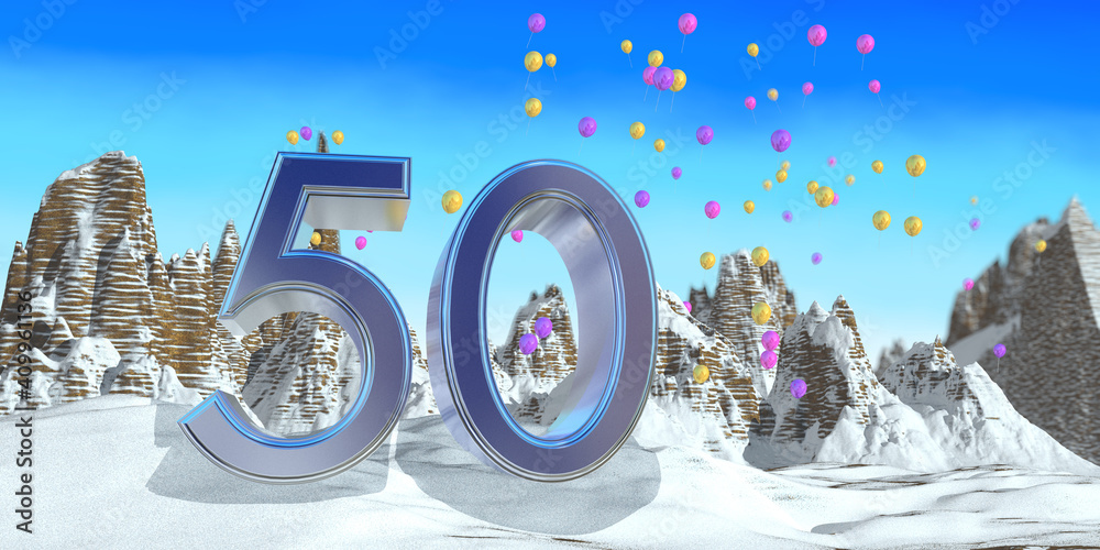 Number 50 in thick blue font on a snowy mountain with rock mountains ...