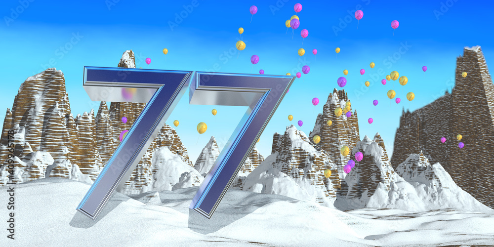 Number 77 in thick blue font on a snowy mountain with rock mountains ...