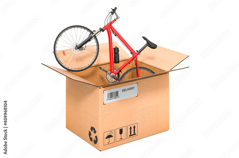 Sport bicycle inside cardboard box, delivery concept. 3D rendering ...