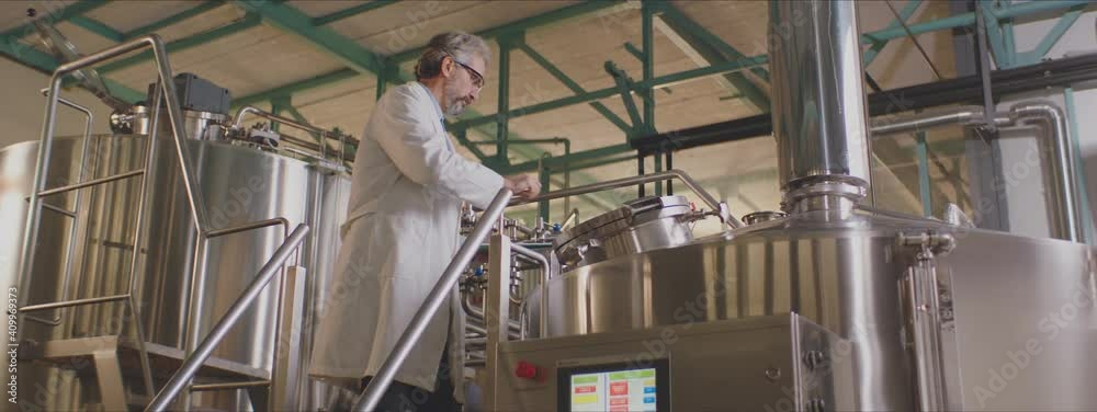 Mature man in lab coat checking production process. Food processing ...