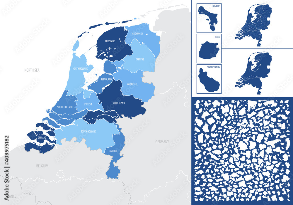 Detailed blue map of Netherlands with administrative divisions into ...