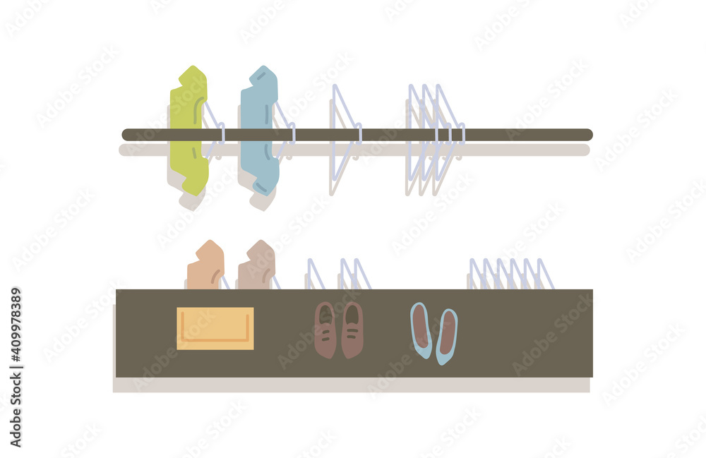 Clothes closet from top view - fashion clothing items on hangers Stock ...