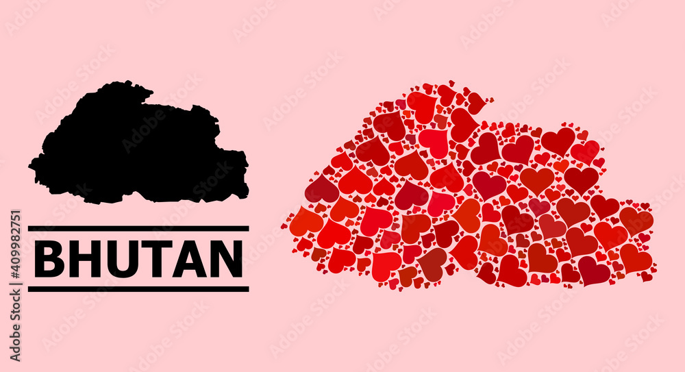 Love mosaic and solid map of Bhutan on a pink background. Mosaic map of ...