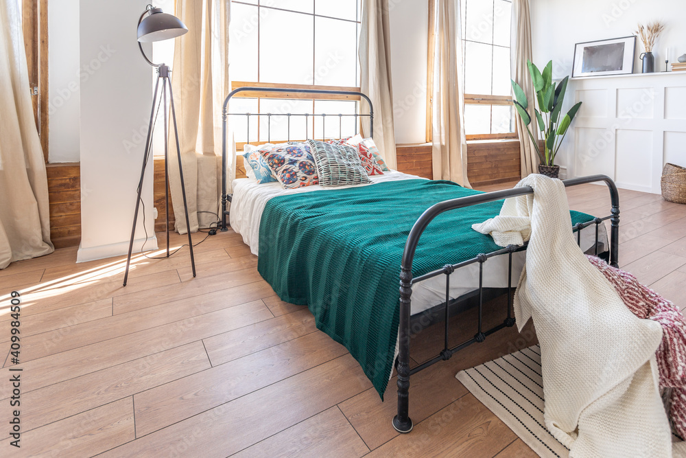 Vintage studio apartment interior in light colors in old style. huge ...