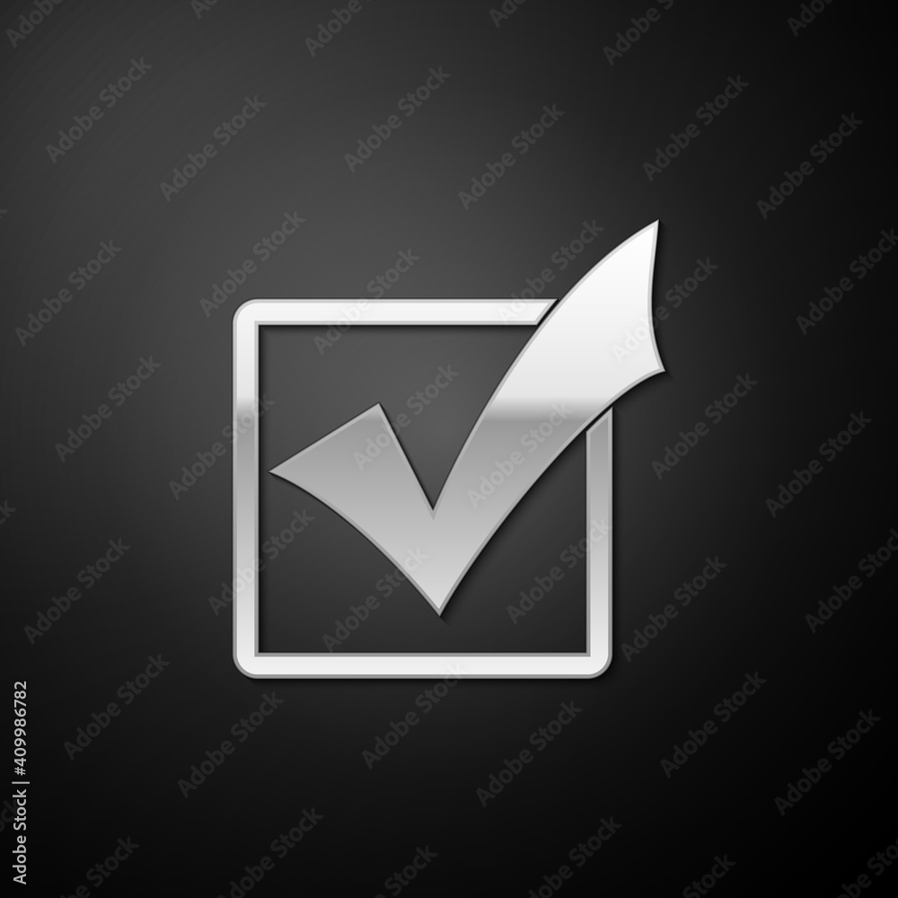 Silver Check mark in a box icon isolated on black background. Tick ...