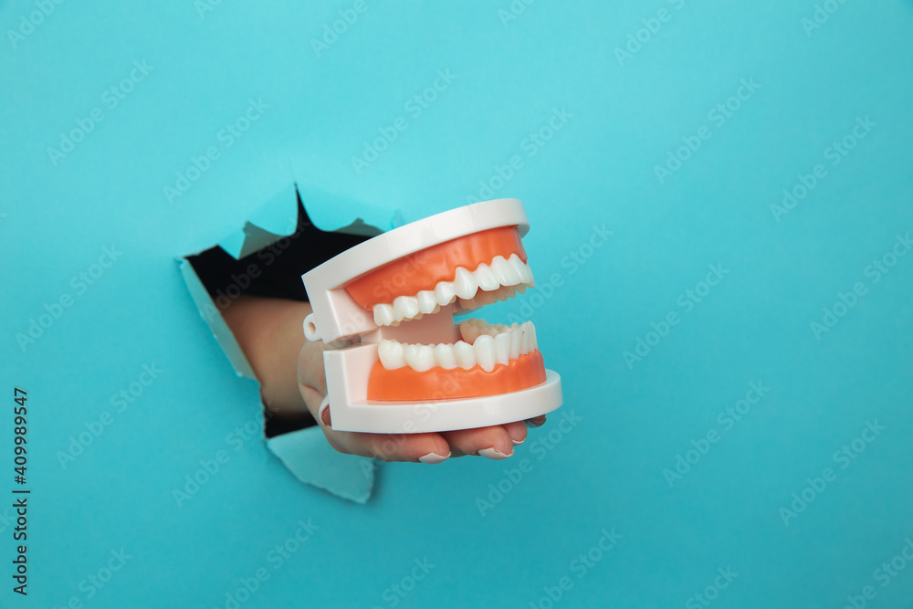 Woman hand showing a model of jaw out of a hole torn in blue paper wall ...