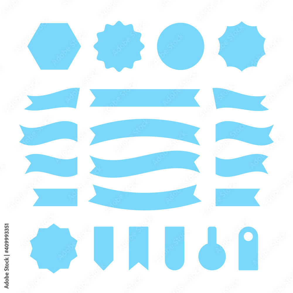 Blue ribbons, badges and labels set. Flat design. Blue shapes. Vector ...