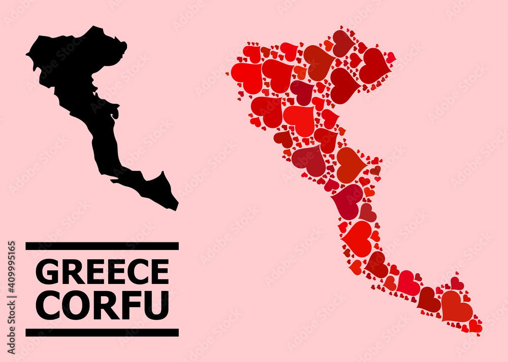 Love collage and solid map of Corfu Island on a pink background ...