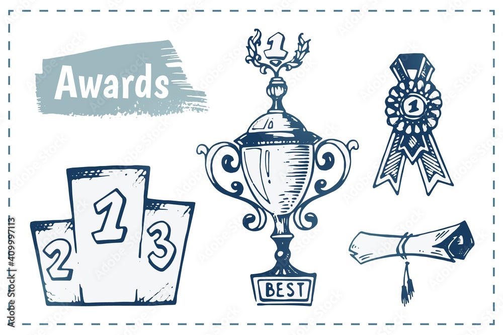 Winning award, trophy and podium vector hand drawn illustration. Set of ...