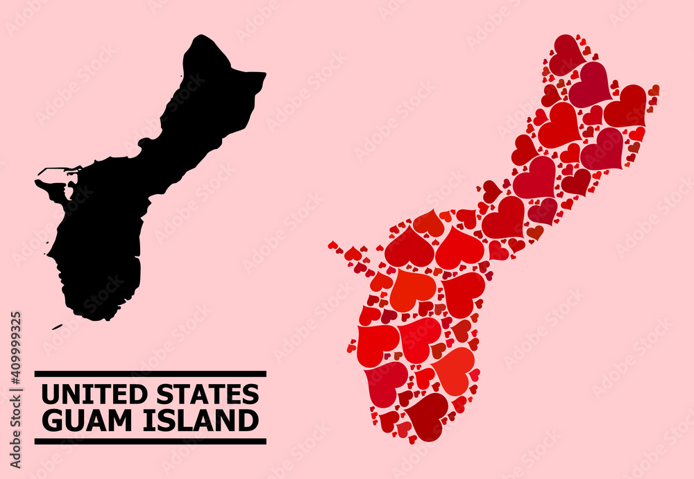 Love mosaic and solid map of Guam Island on a pink background. Mosaic ...