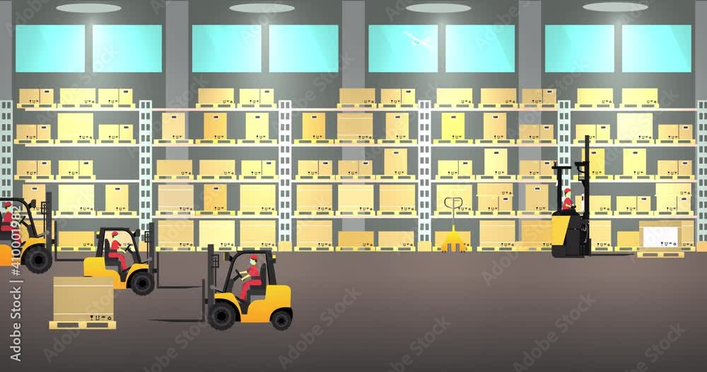 Warehouse interior with workers, racks, hydraulic trolley,forklift ...