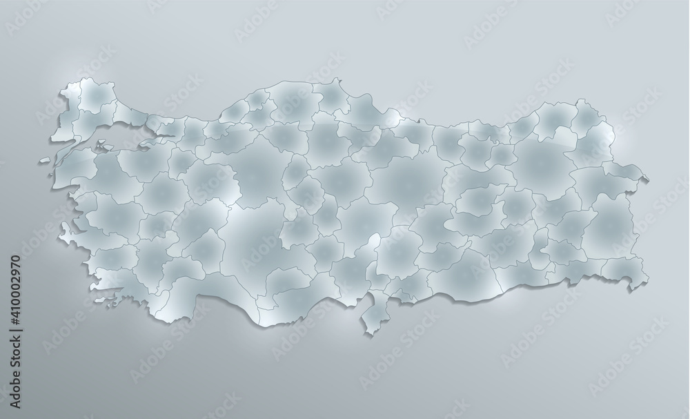 Turkey map, administrative division, separates regions, design glass ...