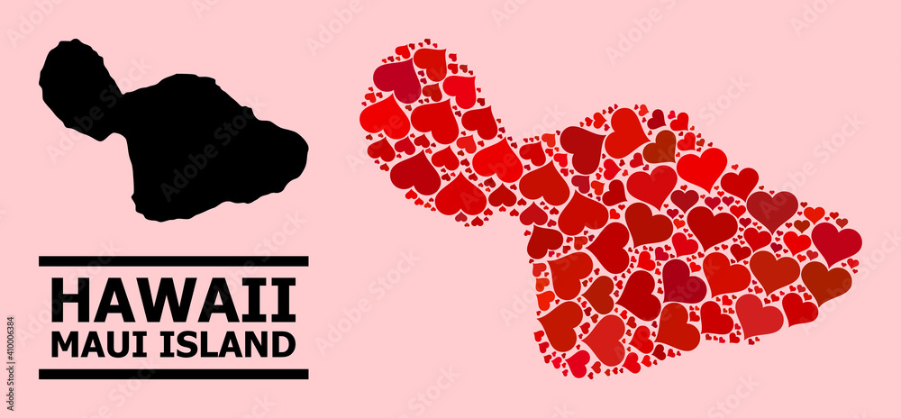 Love pattern and solid map of Maui Island on a pink background. Mosaic ...