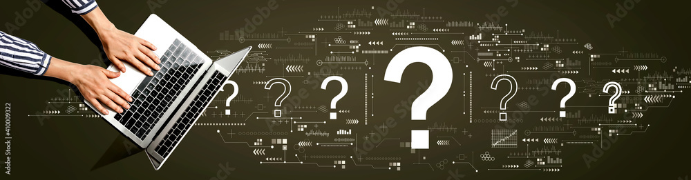 Question marks with person using a laptop computer Stock Photo | Adobe ...