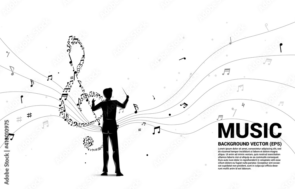 Vector silhouette of conductor with music melody shape sol key note ...