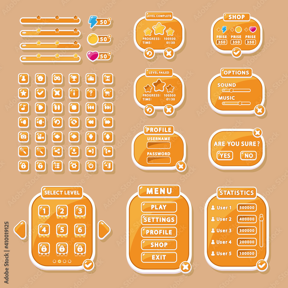 Interface elements for game and app design: buttons, menu Windows, and ...