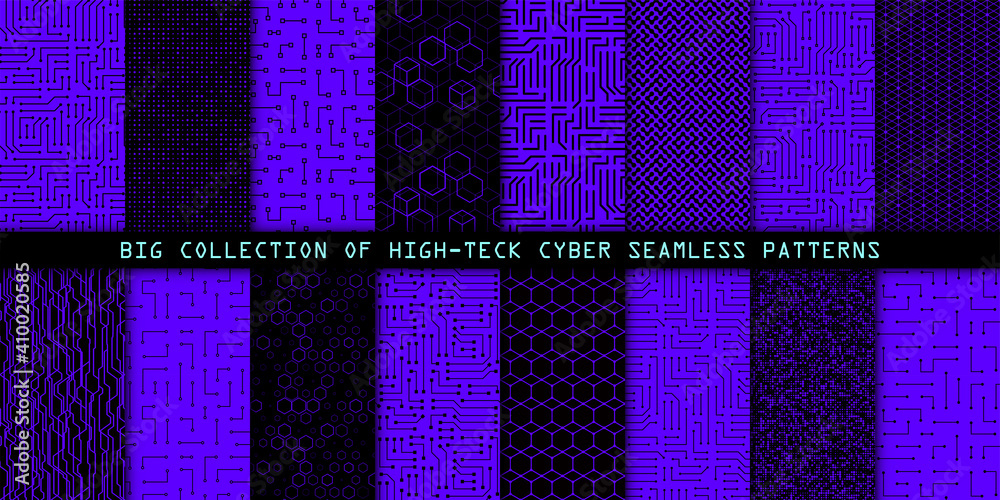 Set of seamless cyber patterns. Circuit board texture. Digital high tech style vector ...