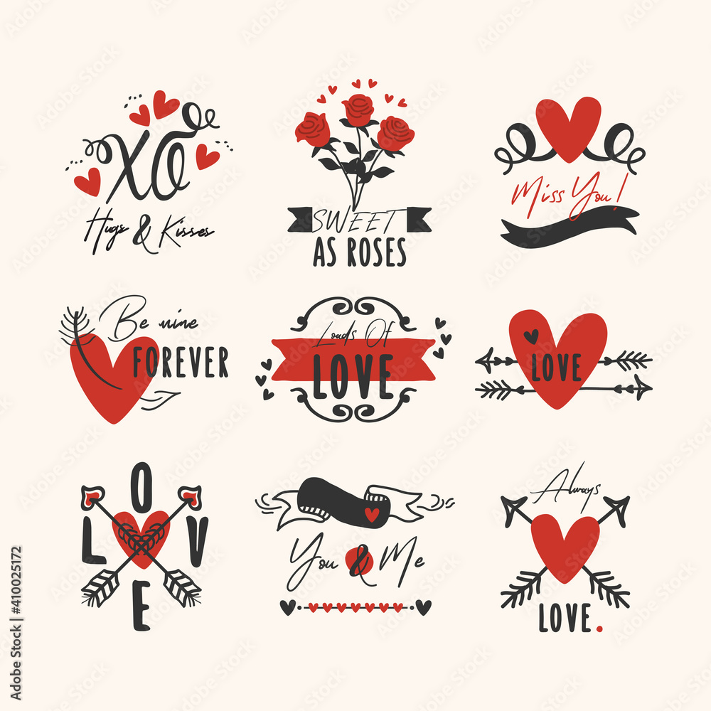 Black and red hand drawn heart and love emblems and labels icons set ...