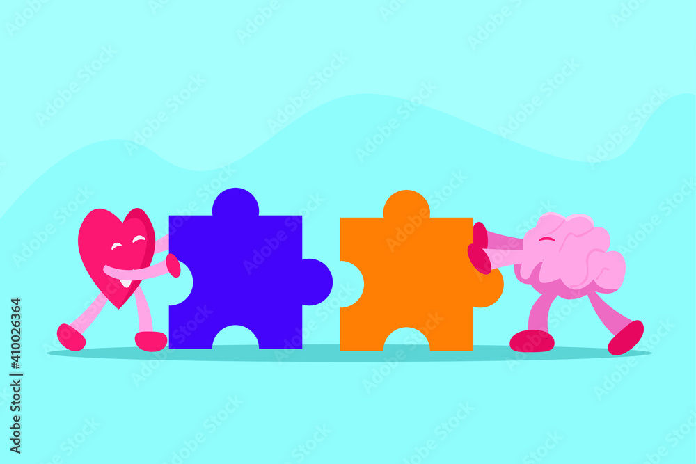 Heart and brain cartoon character connecting puzzle symbol of teamwork ...