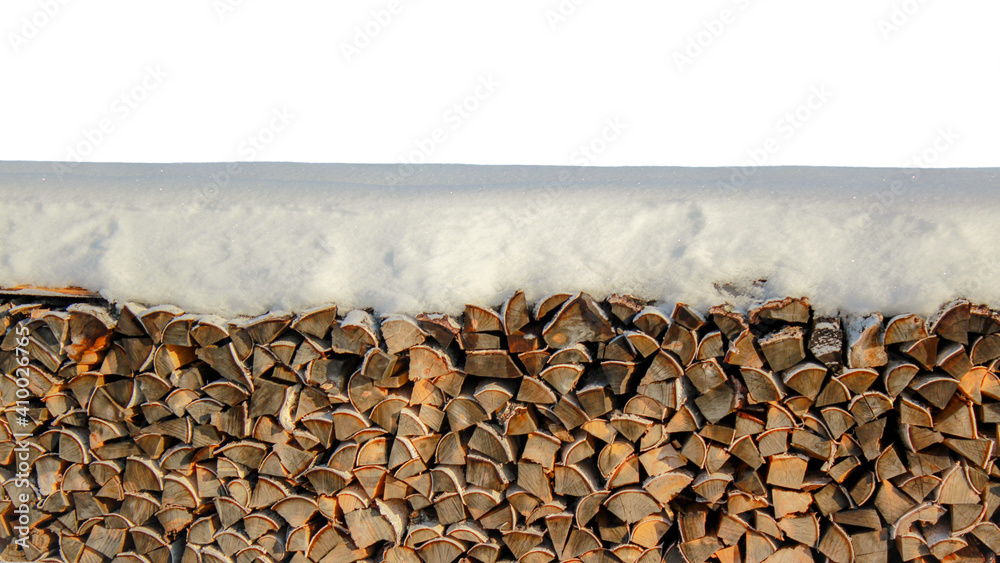 firewood snow wall background isolated on white. Dry chopped firewood ...
