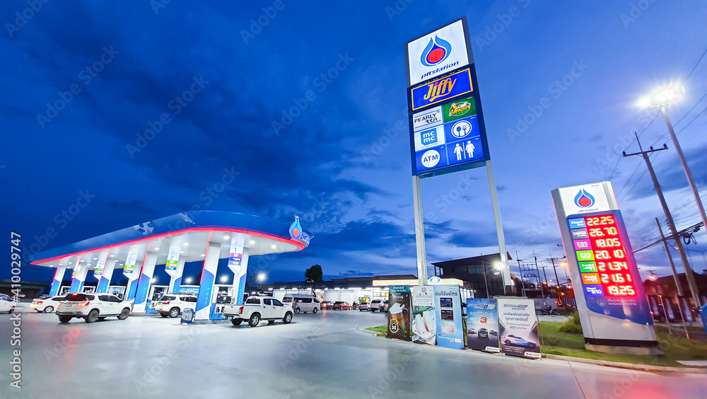 Chonburi, 10 July 2020: PTT gas station in Chonburi Satthahip district, Chonburi province ...