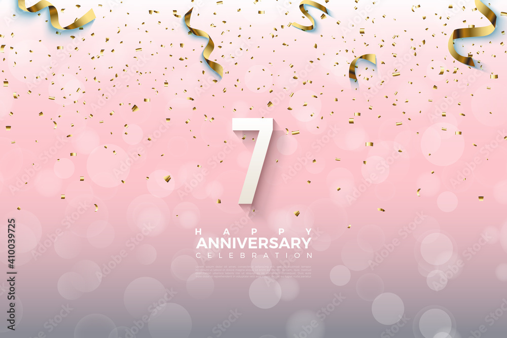7th Anniversary with golden numbers and ribbons on a nois effect ...