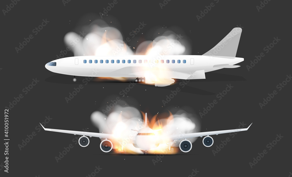Burning Airplanes Set. Airplane crash concept. Side and front view ...