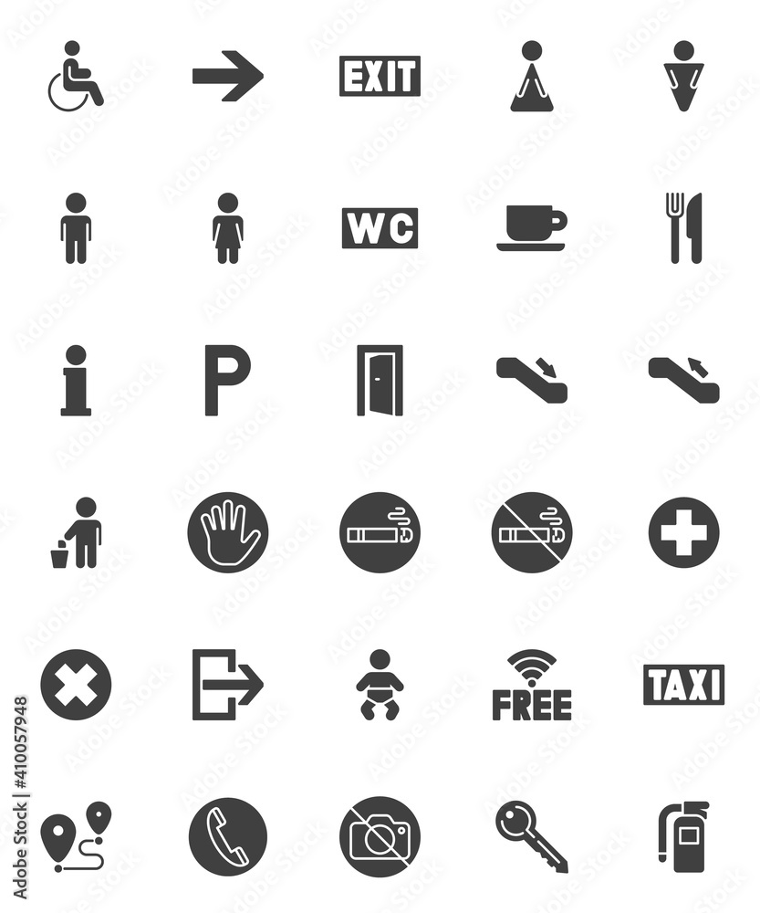 Public navigation signs vector icons set, modern solid symbol ...