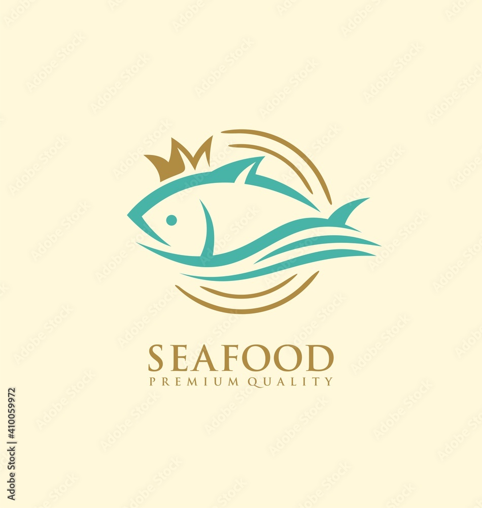 Seafood logo design concept with fresh fish on plate and golden crown ...
