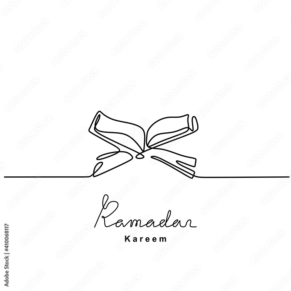 Continuous line drawing of open book Quran on a wooden book stand ...