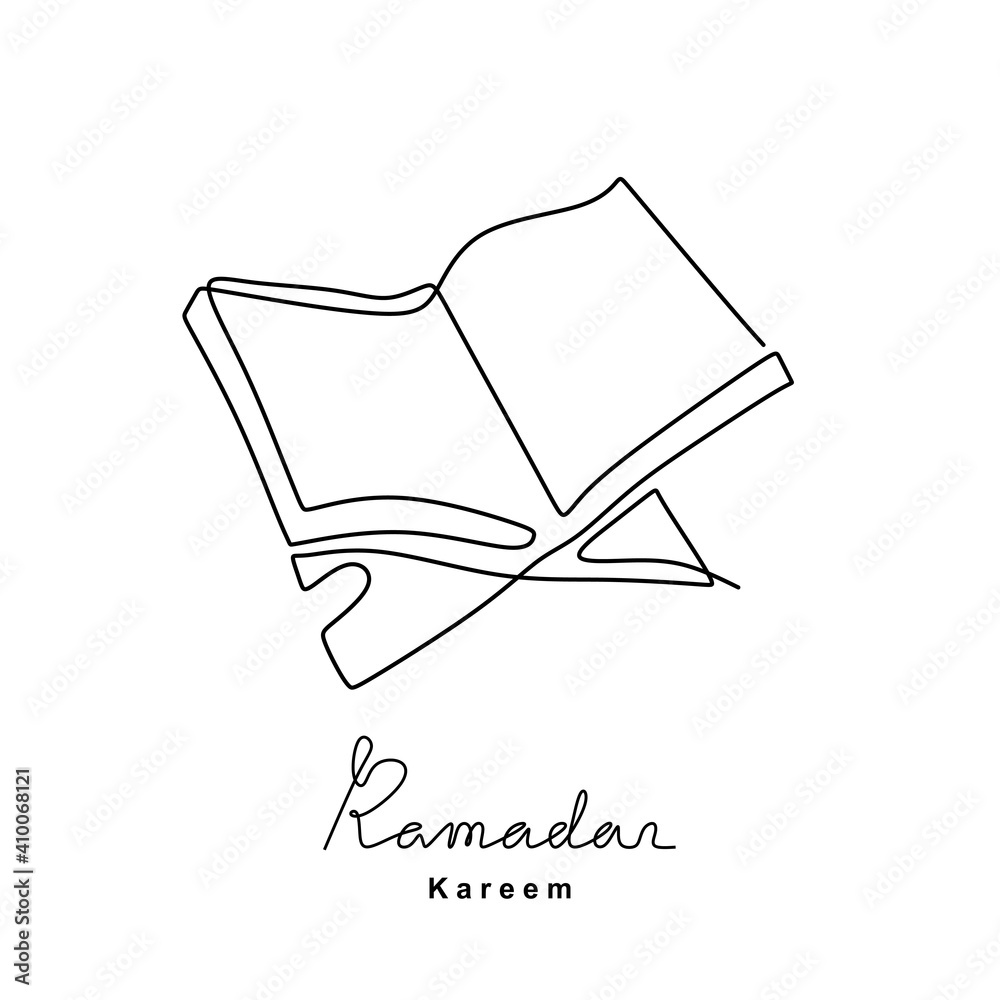 Continuous line drawing of open book Quran on a wooden book stand ...