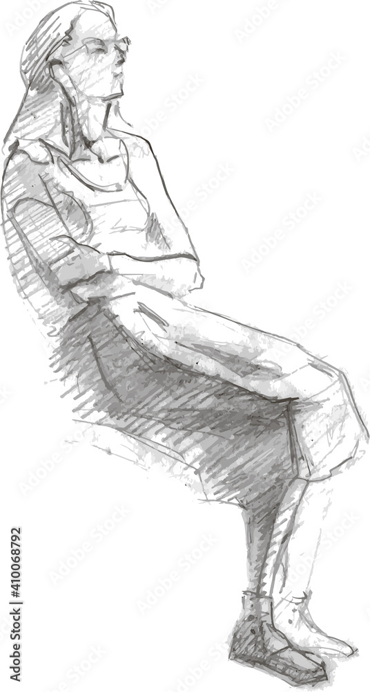 romantic girl sketch illustration realistic style. clip art seated ...