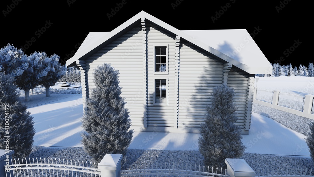 wooden house, cottage, villa, tiny house, made of logs. black-and-white ...