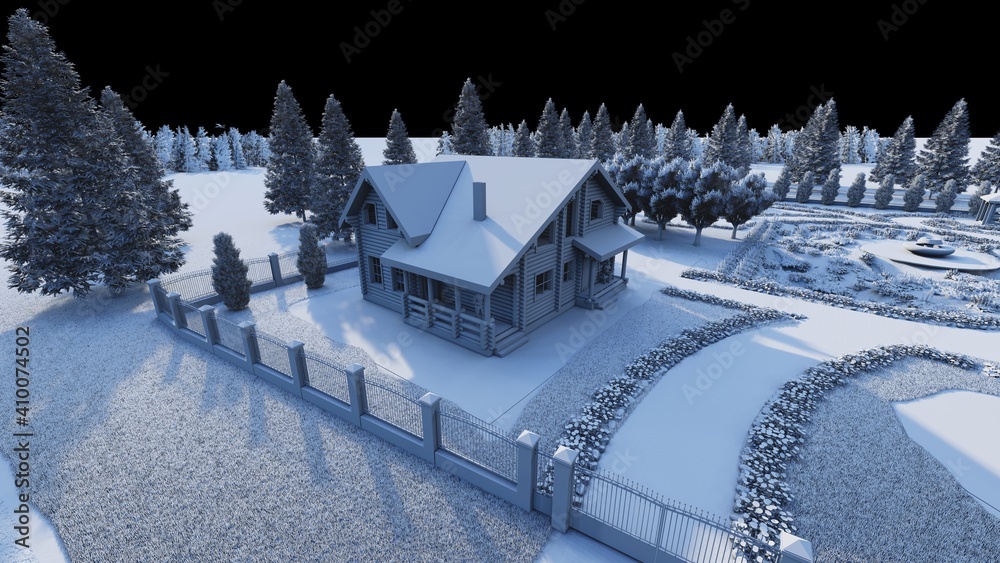 wooden house, cottage, villa, tiny house, made of logs. black-and-white ...